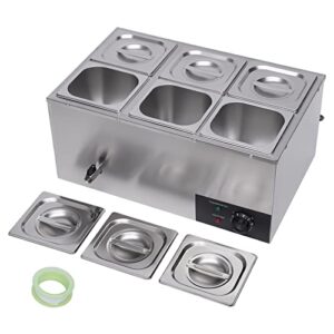 6-Pan Commercial Food Warmer, 110V 600W Electric Steam Table 15cm/6inch Deep, Professional Stainless Steel Buffet Bain Marie for Catering and Restaurants