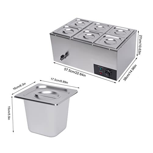 6-Pan Commercial Food Warmer, 110V 600W Electric Steam Table 15cm/6inch Deep, Professional Stainless Steel Buffet Bain Marie for Catering and Restaurants