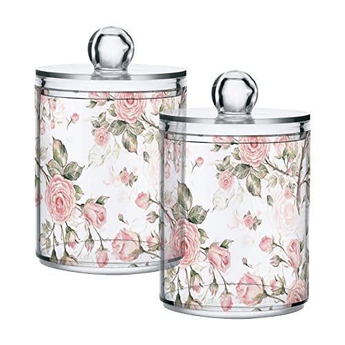 Kigai 2PCS Pink Roses Flowers Qtip Holder Dispenser with Lids - 14 oz Bathroom Storage Organizer Set, Clear Apothecary Jars Food Storage Containers, for Tea, Coffee, Cotton Ball, Floss