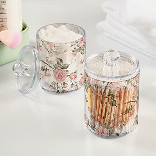 Kigai 2PCS Pink Roses Flowers Qtip Holder Dispenser with Lids - 14 oz Bathroom Storage Organizer Set, Clear Apothecary Jars Food Storage Containers, for Tea, Coffee, Cotton Ball, Floss