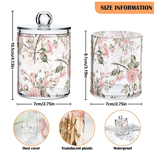 Kigai 2PCS Pink Roses Flowers Qtip Holder Dispenser with Lids - 14 oz Bathroom Storage Organizer Set, Clear Apothecary Jars Food Storage Containers, for Tea, Coffee, Cotton Ball, Floss