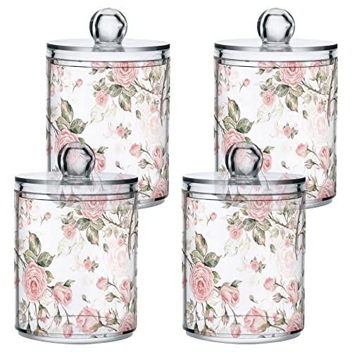 Kigai 2PCS Pink Roses Flowers Qtip Holder Dispenser with Lids - 14 oz Bathroom Storage Organizer Set, Clear Apothecary Jars Food Storage Containers, for Tea, Coffee, Cotton Ball, Floss