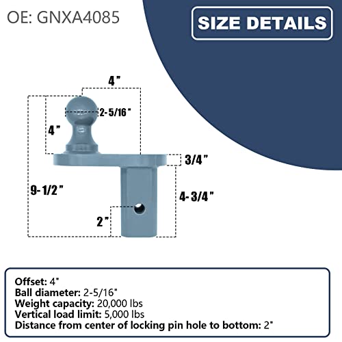 GNXA4085, 4" Offset Ball Compatible with B&W Turnoverball Gooseneck Trailer Hitches, Heavy Duty Gooseneck Hitch Ball Extender | 20000 lbs GTW/ 5000 lbs VTW, 2-5/16 Inch Diameter Ball