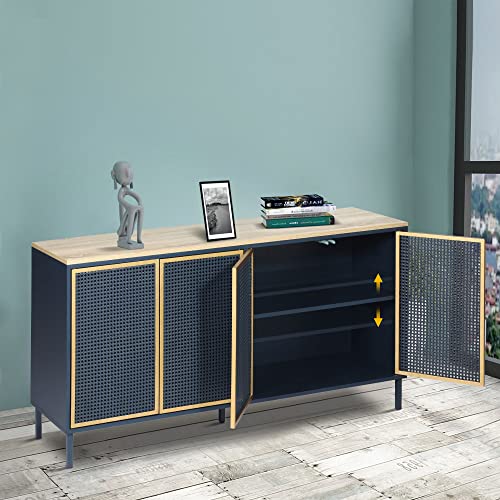 ORRD Accent Cabinet, Sideboard Buffet Cabinet Kitchen Storage Cabinet Console Televison Table with 4 Iron Rattan No Handle Pop-up Doors and Adjustable Shelves for Living Room, Dining Room (Blue Gold)