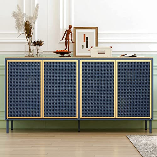 ORRD Accent Cabinet, Sideboard Buffet Cabinet Kitchen Storage Cabinet Console Televison Table with 4 Iron Rattan No Handle Pop-up Doors and Adjustable Shelves for Living Room, Dining Room (Blue Gold)