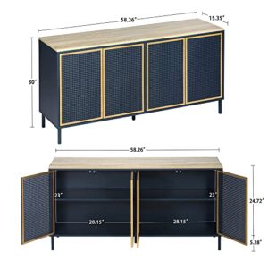 ORRD Accent Cabinet, Sideboard Buffet Cabinet Kitchen Storage Cabinet Console Televison Table with 4 Iron Rattan No Handle Pop-up Doors and Adjustable Shelves for Living Room, Dining Room (Blue Gold)