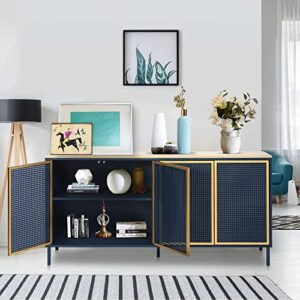 ORRD Accent Cabinet, Sideboard Buffet Cabinet Kitchen Storage Cabinet Console Televison Table with 4 Iron Rattan No Handle Pop-up Doors and Adjustable Shelves for Living Room, Dining Room (Blue Gold)