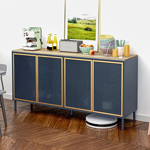 ORRD Accent Cabinet, Sideboard Buffet Cabinet Kitchen Storage Cabinet Console Televison Table with 4 Iron Rattan No Handle Pop-up Doors and Adjustable Shelves for Living Room, Dining Room (Blue Gold)