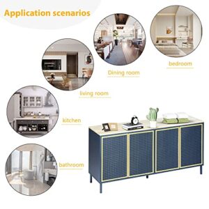 ORRD Accent Cabinet, Sideboard Buffet Cabinet Kitchen Storage Cabinet Console Televison Table with 4 Iron Rattan No Handle Pop-up Doors and Adjustable Shelves for Living Room, Dining Room (Blue Gold)