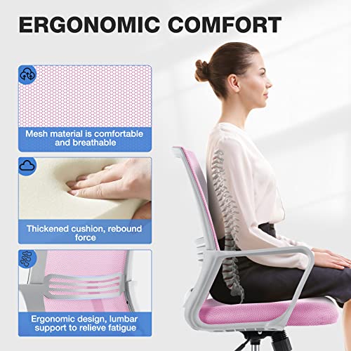 JHK Home Office Chair Mesh Mid Back Ergonomic Computer Executive Task Desk with Lumbar Support, Armrest, Rocking Swivel Tilt Function, Wheels, Sponge Seat Cushions for Adult, Pink