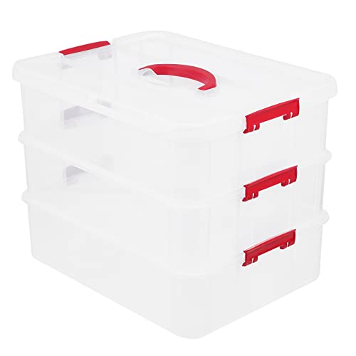 LUOZZY 3-Tiers Stack Carry Storage Box with Handle Large Capacity Stationery Cosmetics Storage Organizer Transparent Storage Bins Stackable (Red)