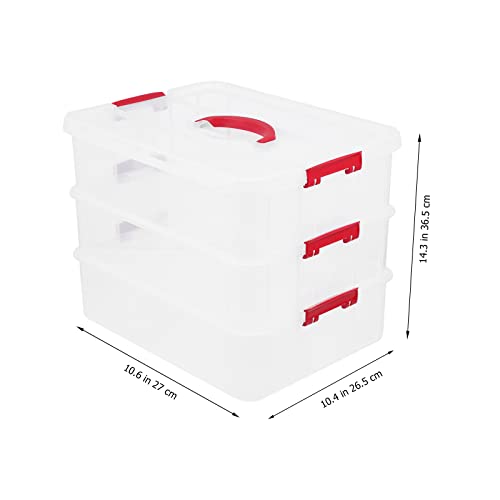 LUOZZY 3-Tiers Stack Carry Storage Box with Handle Large Capacity Stationery Cosmetics Storage Organizer Transparent Storage Bins Stackable (Red)