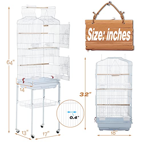 Bird Cage, MGHH Parakeet Cage with Play Open Top & Detachable Rolling Stand for Medium Small Cockatiel Canary Parakeet Conure Finches Budgie Lovebirds Pet Storage Shelf (64 Inch, White)