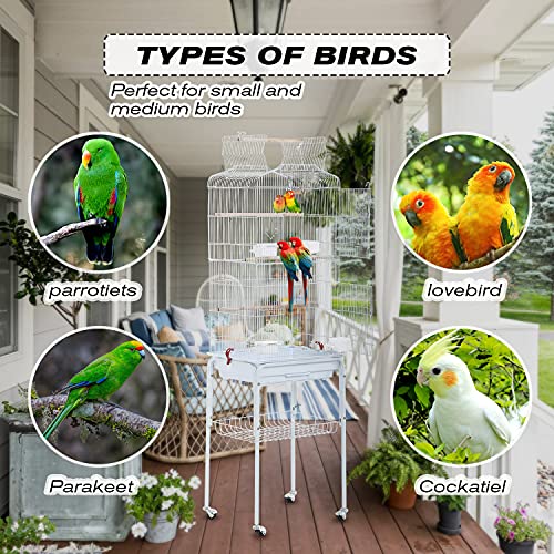 Bird Cage, MGHH Parakeet Cage with Play Open Top & Detachable Rolling Stand for Medium Small Cockatiel Canary Parakeet Conure Finches Budgie Lovebirds Pet Storage Shelf (64 Inch, White)