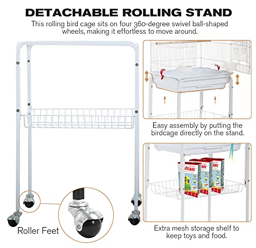 Bird Cage, MGHH Parakeet Cage with Play Open Top & Detachable Rolling Stand for Medium Small Cockatiel Canary Parakeet Conure Finches Budgie Lovebirds Pet Storage Shelf (64 Inch, White)