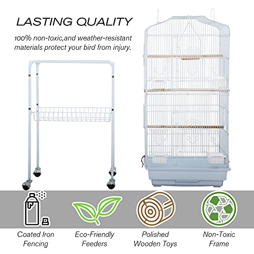 Bird Cage, MGHH Parakeet Cage with Play Open Top & Detachable Rolling Stand for Medium Small Cockatiel Canary Parakeet Conure Finches Budgie Lovebirds Pet Storage Shelf (64 Inch, White)