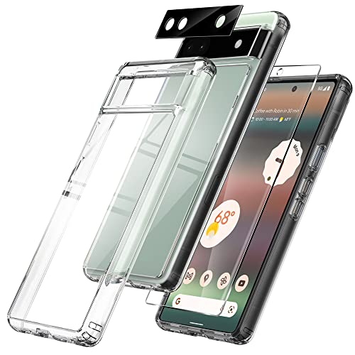 Orzero Phone Case Compatible for Google Pixel 6a 5G, with Screen Protector + Camera Lens Protector (Tempered Glass), Solid Acrylic Back Cover TPU Frame Shock-Proof Body Protection - Crystal Clear