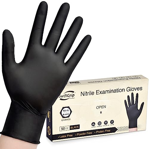 SwiftGrip Disposable Nitrile Exam Gloves, 3-mil, Black Nitrile Gloves Disposable Latex Free for Medical, Cooking & Esthetician, Food-Safe Rubber Gloves, Powder Free, Non-Sterile, 50-ct Box (Small)