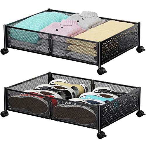 Under Bed Storage, Under the Bed Storage Containers with Wheels, Under Bed Shoe Storage Organizer Drawer, Tool-free Assembly Metal Underbed Storage Containers for Bedroom Clothes Shoes Blankets -2PCK