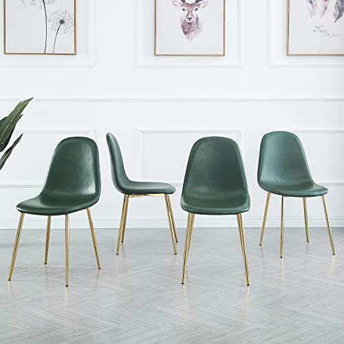 ROOIOME Mid Century Chairs Set of 4 Kitchen Chairs with Golden Legs and Frame, Modern Living Room Chairs for 4, PU Armless Dining Chair Set of 4 Green Chairs