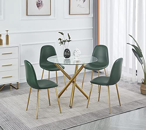 ROOIOME Mid Century Chairs Set of 4 Kitchen Chairs with Golden Legs and Frame, Modern Living Room Chairs for 4, PU Armless Dining Chair Set of 4 Green Chairs