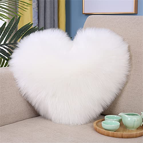 Smalibal Fluffy Heart Pillow, Fluffy Faux Fur Throw Pillow, Heart Shaped Sofa Cushion for Sofa Bedroom Living Room White Pillow Cover