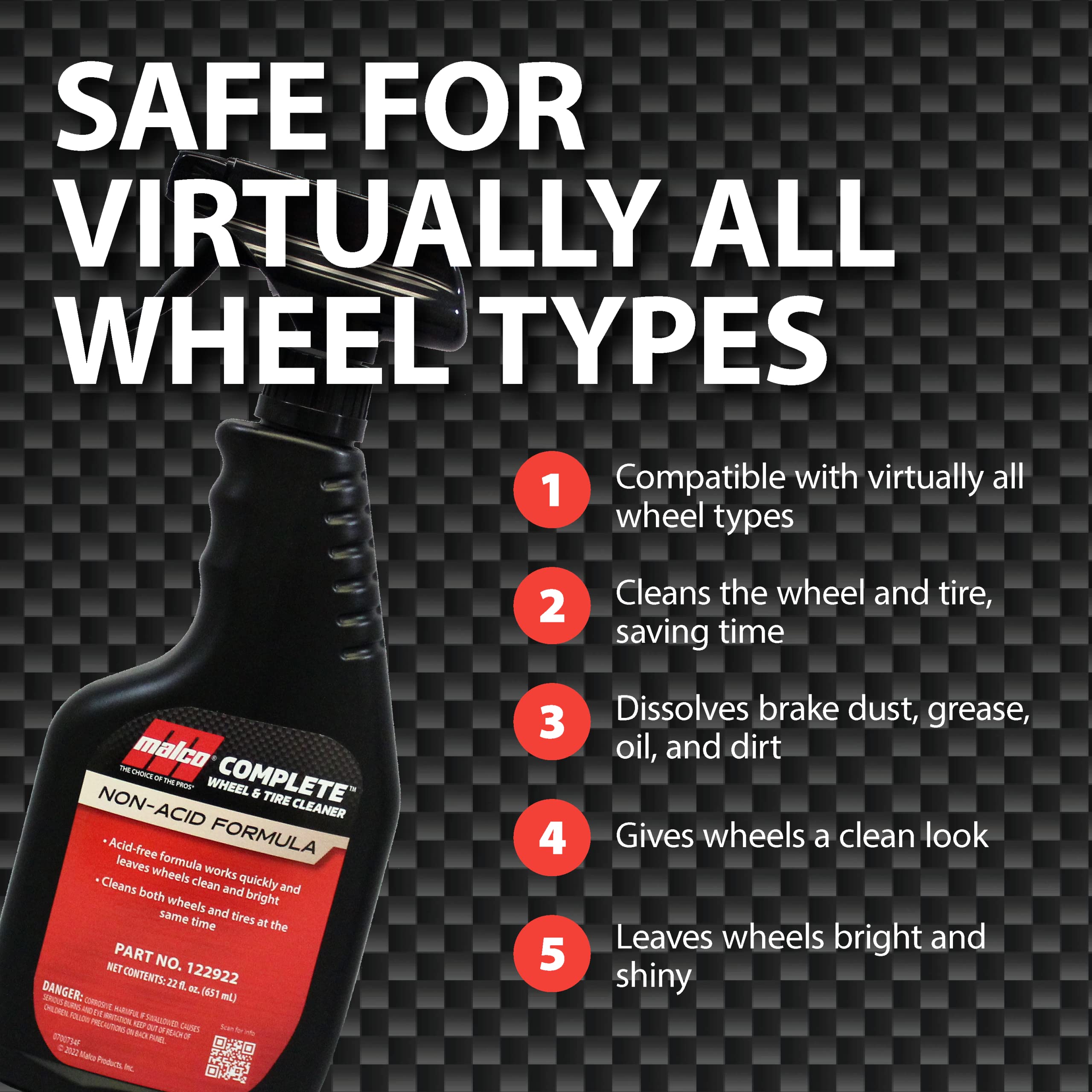 Malco Complete Wheel & Tire Cleaner – Fast Acting, Non-Acid Formula/Removes Dust, Grease, Oil, and Dirt from Entire Wheel / 22 oz. (122922)