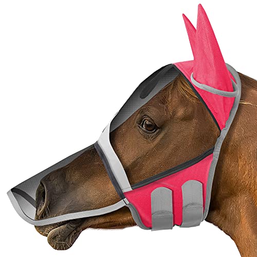 SmithBuilt Comfort Fly Mask with Ears and Long Nose for Horses (Pink, Horse) - Fleece Padding, Fine Mesh, UV Protection