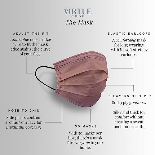 VIRTUE CODE Balance Face Masks - Soft 3 Ply Comfort Face Masks, Colorful Disposable Face Mask 50 Pack. Desert Rose Colored Masks. Adults Mens and Womens Disposable Face Masks