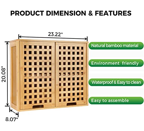 Bathroom Wall Cabinet Wall Mounted Organizer, Medicine Cabinet, Over The Toilet Storage, Bamboo Medicine Cabinets with Doors and Shelves, Wall Storage for Bathroom Kitchen Living Room (New Version)