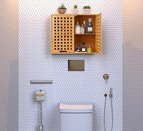 Bathroom Wall Cabinet Wall Mounted Organizer, Medicine Cabinet, Over The Toilet Storage, Bamboo Medicine Cabinets with Doors and Shelves, Wall Storage for Bathroom Kitchen Living Room (New Version)