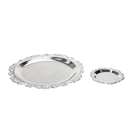 KUMGROT 2pcs Elegant Serving Platter Round Dessert Trays Candy Trays Dish Decorative for Party Wedding Home Decor Silver Serving Trays 11cm/4in and 25cm/1in Diameter