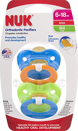 NUK Natural Shape Orthodontic Pacifiers, Latex, 6-18 Months Colors May Vary 2 ea