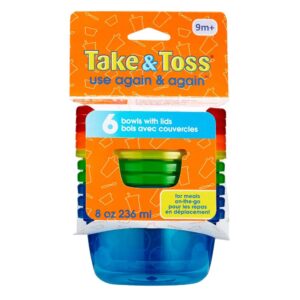 TOMY Take & Toss Toddler Bowls with Lids - 8oz, 6 pack, Colors May Vary (Y1032)