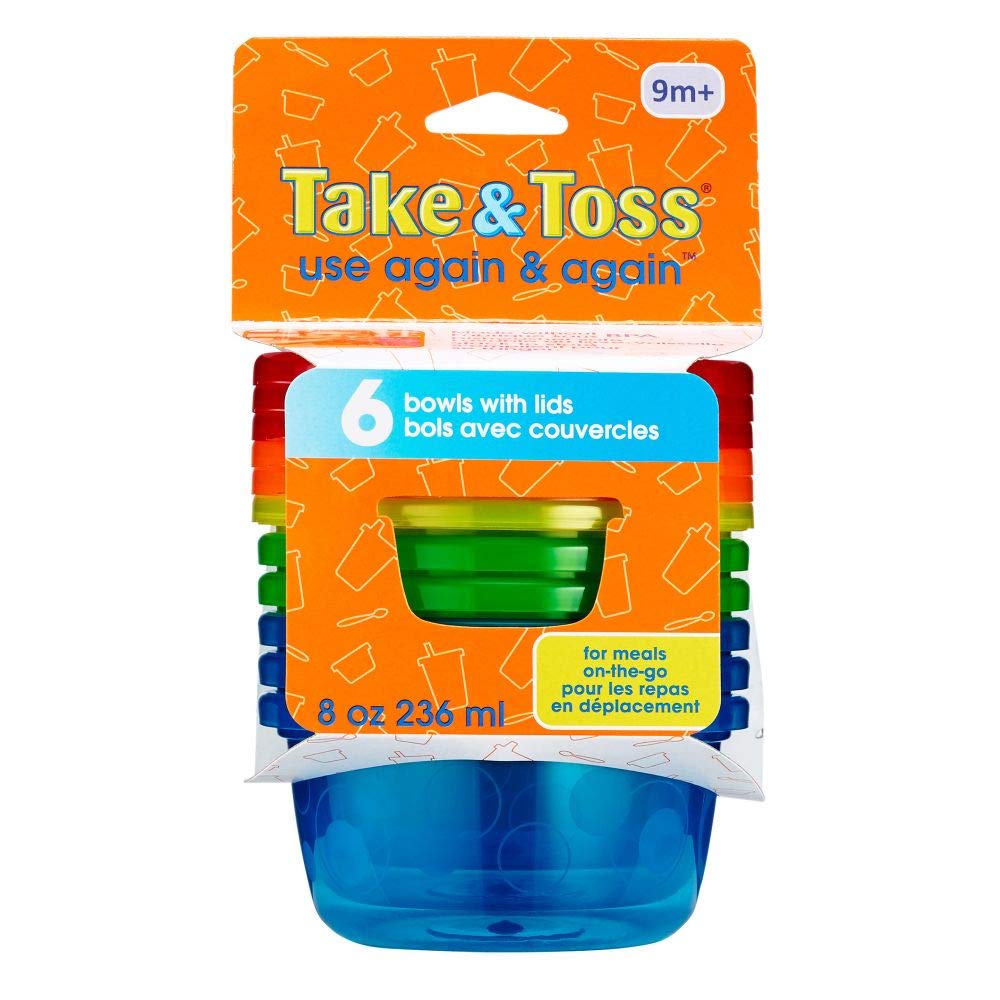 TOMY Take & Toss Toddler Bowls with Lids - 8oz, 6 pack, Colors May Vary (Y1032)