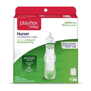 playtex baby nurser bottle with pre-sterilized disposable drop-ins liners, closer to breastfeeding, 8 ounce bottles, 3 count