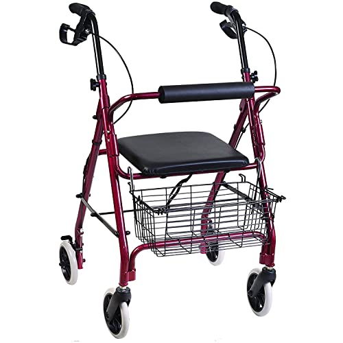 DMI Freedom Lightweight Folding Aluminum Rollator Walker with Adjustable Handle Height, FSA and HSA Eligible, Cushioned Flip Up Seat and Convenient Storage Basket, Burgundy