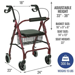 DMI Freedom Lightweight Folding Aluminum Rollator Walker with Adjustable Handle Height, FSA and HSA Eligible, Cushioned Flip Up Seat and Convenient Storage Basket, Burgundy