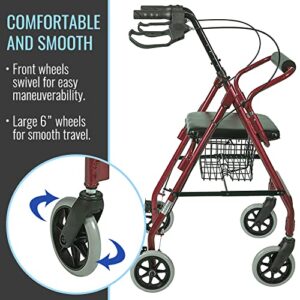 DMI Freedom Lightweight Folding Aluminum Rollator Walker with Adjustable Handle Height, FSA and HSA Eligible, Cushioned Flip Up Seat and Convenient Storage Basket, Burgundy