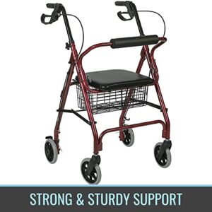 DMI Freedom Lightweight Folding Aluminum Rollator Walker with Adjustable Handle Height, FSA and HSA Eligible, Cushioned Flip Up Seat and Convenient Storage Basket, Burgundy