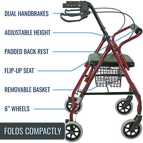 DMI Freedom Lightweight Folding Aluminum Rollator Walker with Adjustable Handle Height, FSA and HSA Eligible, Cushioned Flip Up Seat and Convenient Storage Basket, Burgundy