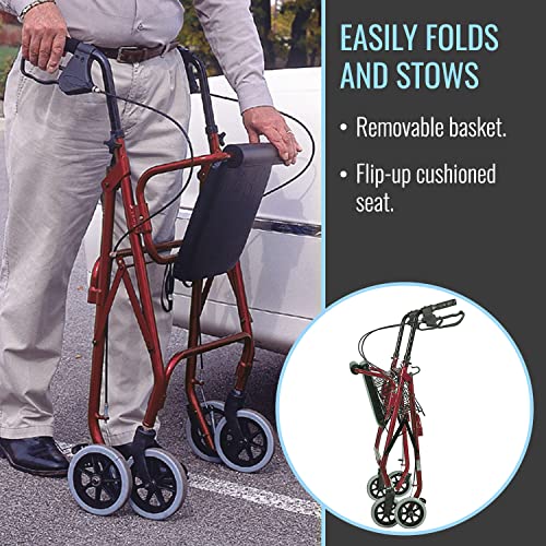 DMI Freedom Lightweight Folding Aluminum Rollator Walker with Adjustable Handle Height, FSA and HSA Eligible, Cushioned Flip Up Seat and Convenient Storage Basket, Burgundy