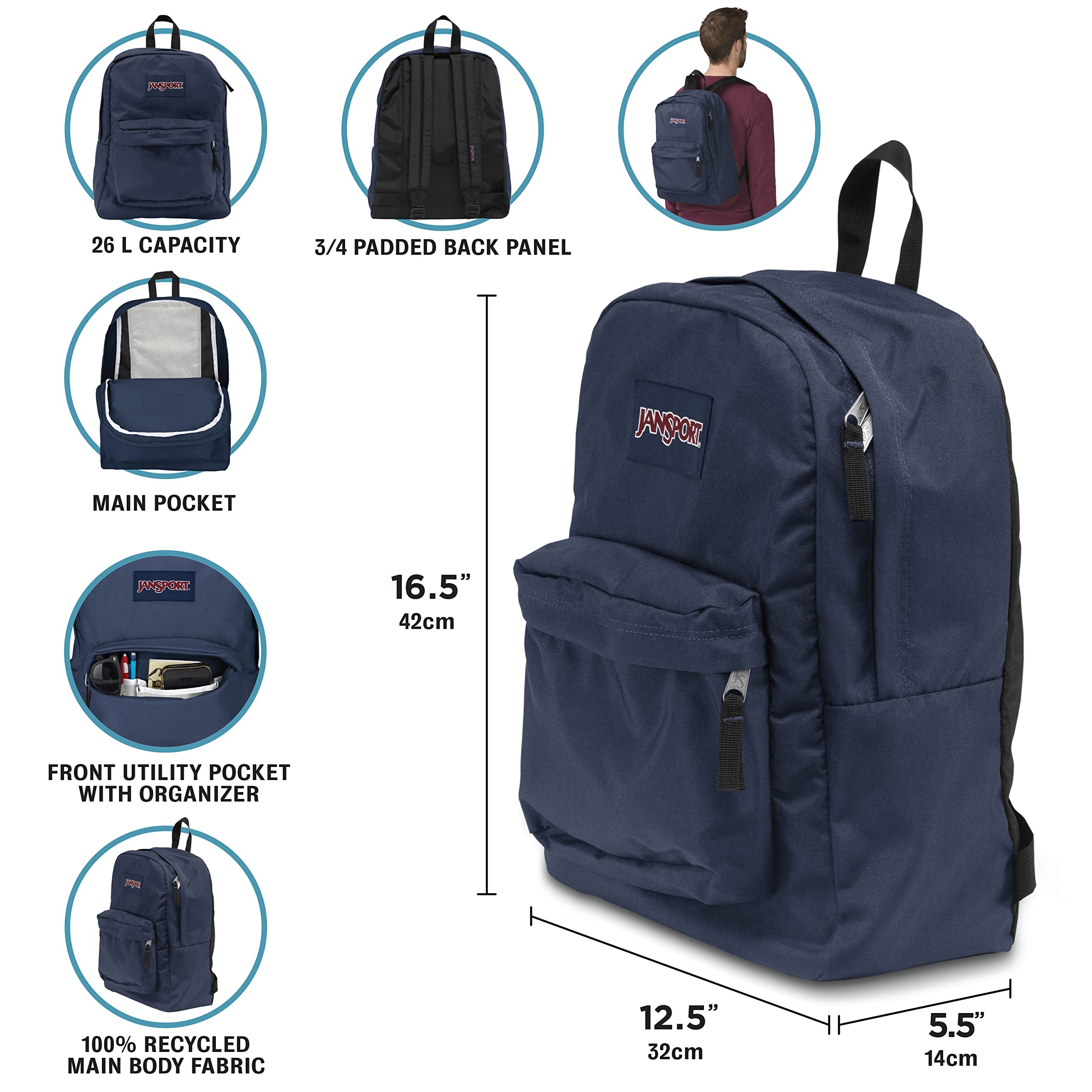 JanSport SuperBreak One Backpack Navy - Durable, Lightweight Bookbag with 1 Main Compartment, Front Utility Pocket with Built-in Organizer - Premium Backpack