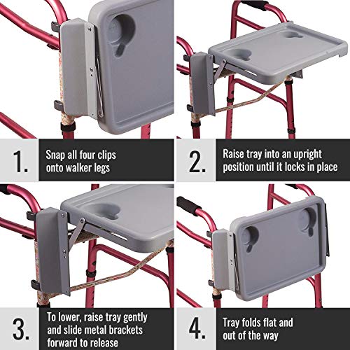 DMI Walker Tray, Rollator Tray, Mobility and Walker Accessory Tray Table Fits Most Standard Walkers, Folding with Two Cup Holders and Tool Free Assembly, 16 x 11.8