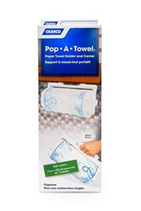 camco pop-a-towel- mountable or portable paper towel holder dispenser, keep paper towels clean, conserve space in your rv kitchen (white) (57111)