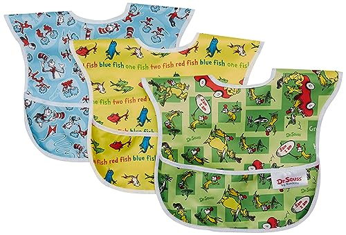 Bumkins Dr Seuss SuperBib, Baby Bib, Waterproof, Washable, Stain and Odor Resistant, 6-24 Months (Pack of 3) - Green Eggs, Yellow Fish, Cat In The Hat