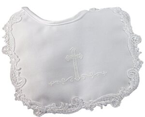 girls matte satin sreened cross bib with venise lace