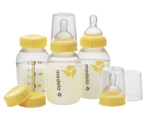 medela breast milk storage bottles, 3 pack of 5 ounce breastfeeding bottles with slow flow nipples, lids, wide base collars, and travel caps, made without bpa