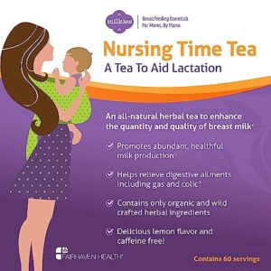 Milkies Nursing Time Lactation Tea to Increase Breast Milk Supply, 60 Servings, Organic and Natural Tea Supplement to Support Breastfeeding After Pregnancy with Fennel, Goat's Rue and Fenugreek-Free