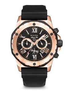 bulova men's marine star series a rose gold stainless steel 6-hand chronograph quartz watch, black silicone strap style: 98b104